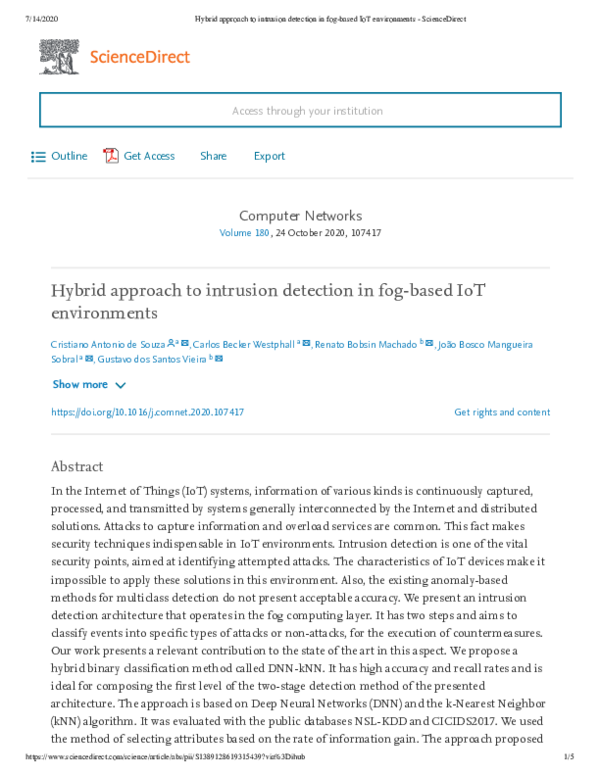 (PDF) Hybrid approach to intrusion detection in fog-based IoT environments