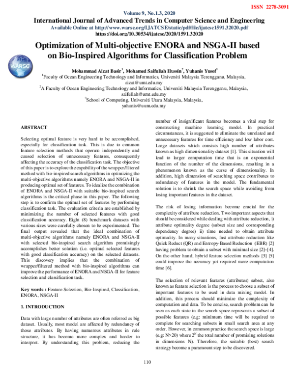 Pdf Bio Inspired Optimization For Feature Selection