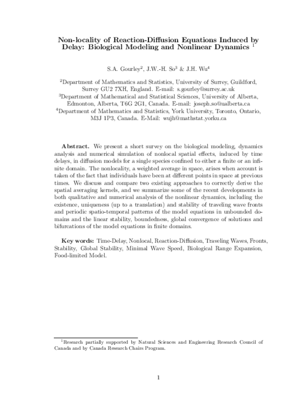 (PDF) Non-locality of Reaction-Diffusion Equations Induced by Delay: Biological Modeling and ...