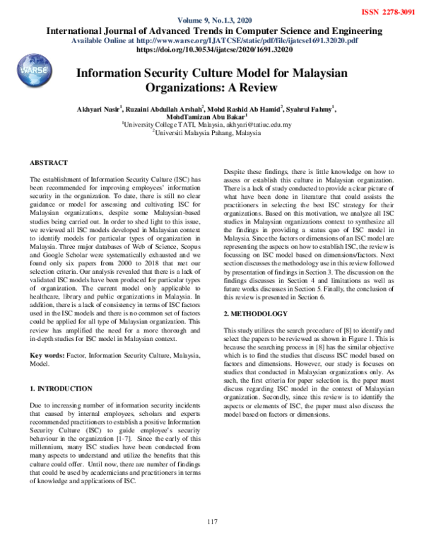 (PDF) Information Security Culture Model for Malaysian Organizations: A ...