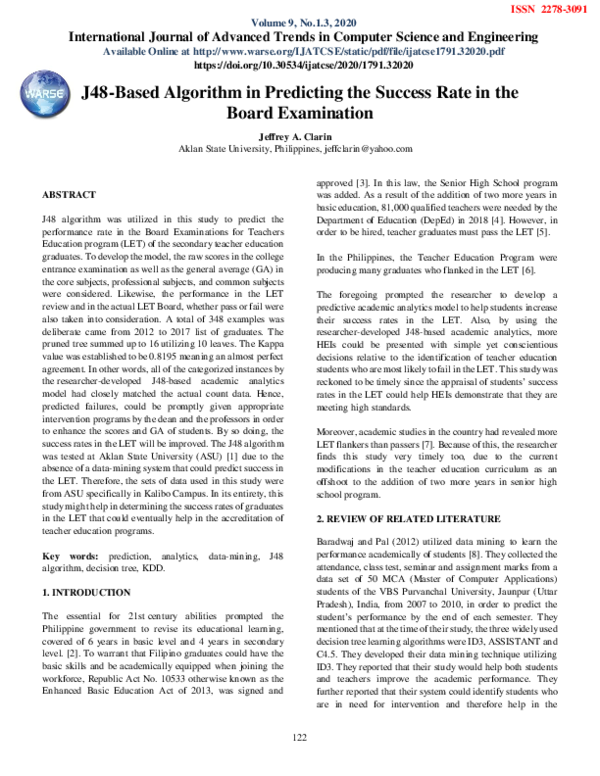 (PDF) J48-Based Algorithm in Predicting the Success Rate in the Board Examination