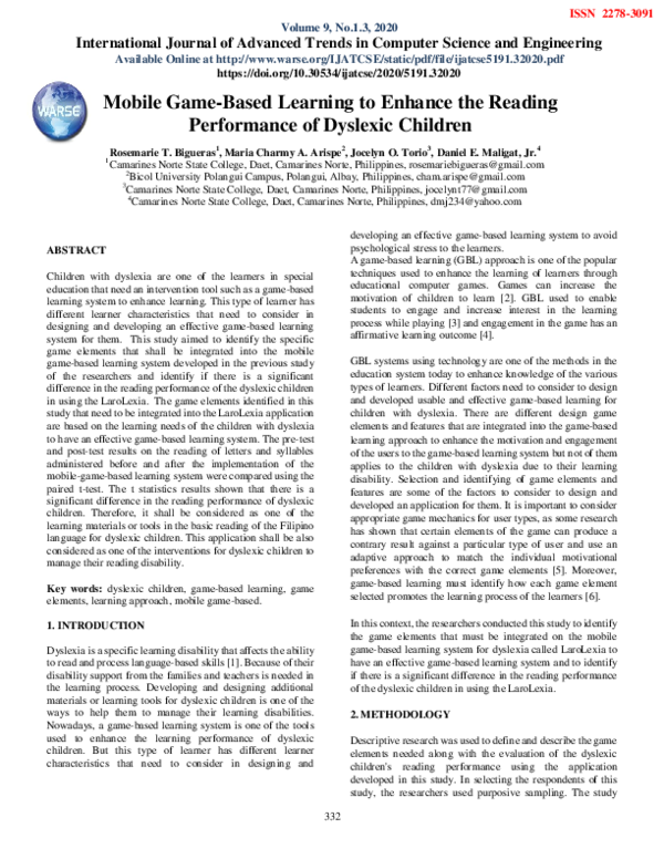 (PDF) Mobile Game-Based Learning to Enhance the Reading Performance of Dyslexic Children