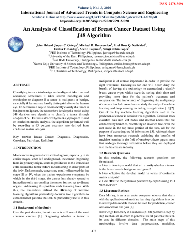 Pdf An Analysis Of Classification Of Breast Cancer Dataset Using J48 Algorithm 