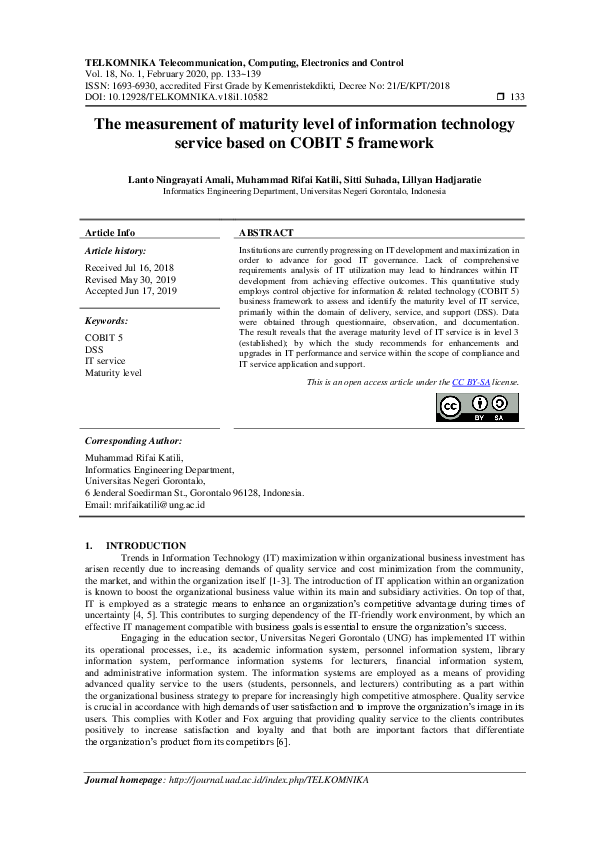 Pdf The Measurement Of Maturity Level Of Information Technology Service Based On Cobit 5 Framework