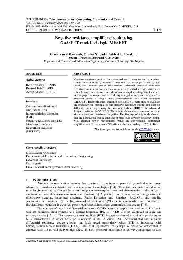 (PDF) Negative resistance amplifier circuit using GaAsFET modelled ... (PDF) Negative resistance amplifier circuit using GaAsFET modelled ...