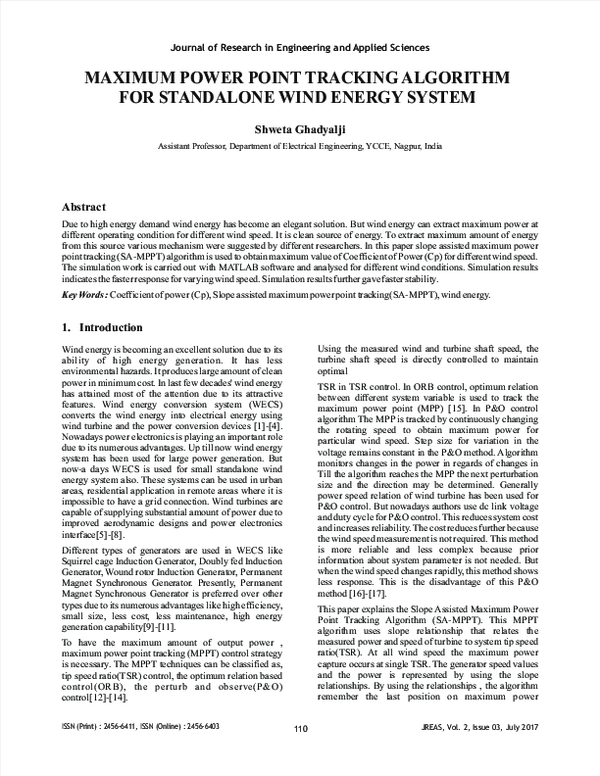 Pdf Maximum Power Point Tracking Algorithm For Standalone Wind Energy System
