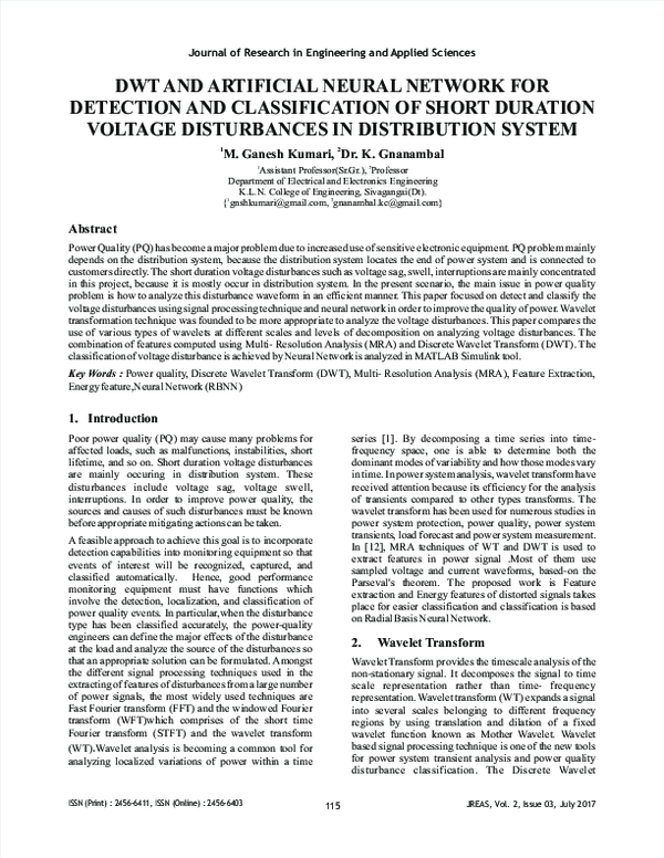 Pdf Dwt And Neural Networks For Voltage Disturbance