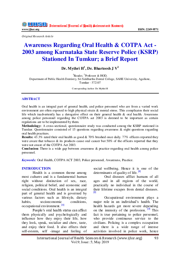 (PDF) Awareness Regarding Oral Health & COTPA Act - 2003 among ...