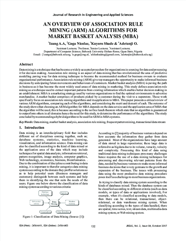 Pdf An Overview Of Association Rule Mining Arm Algorithms For Market Basket Analysis Mba
