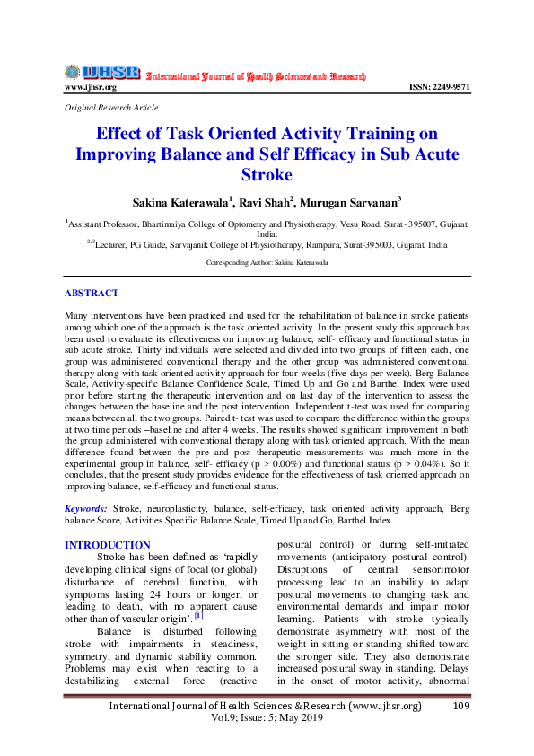 Pdf Effect Of Task Oriented Activity Training On Improving Balance And Self Efficacy In Sub