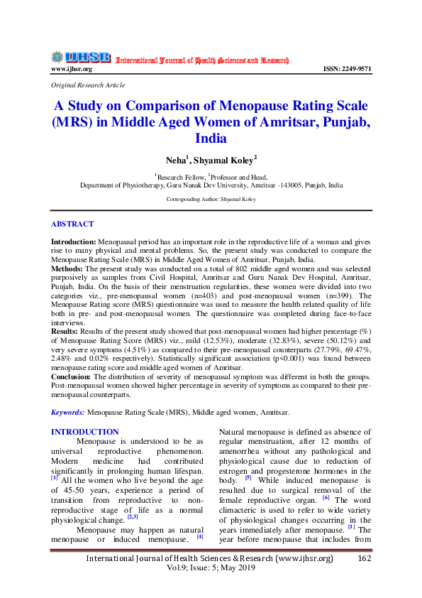 (PDF) A Study on Comparison of Menopause Rating Scale (MRS) in Middle ...