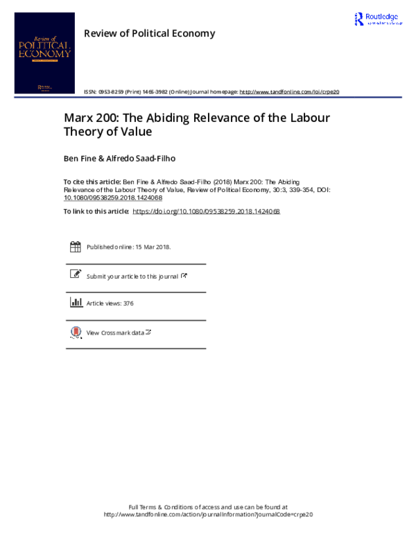 (PDF) Marx 200: The Abiding Relevance of the Labour Theory of Value