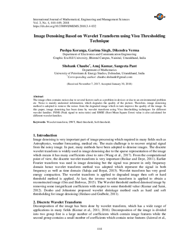(PDF) Image Denoising Based on Wavelet Transform using Visu Thresholding Technique