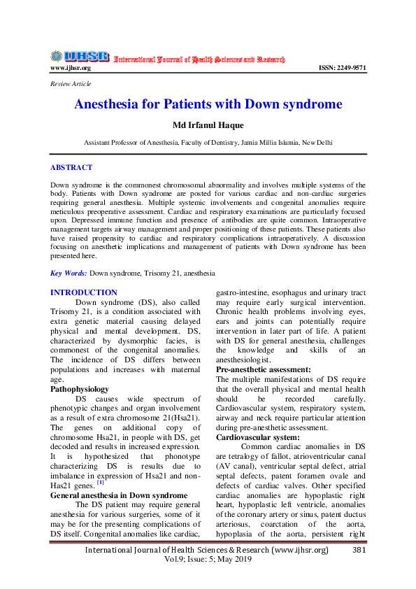 (PDF) Anesthesia for Patients with Down syndrome