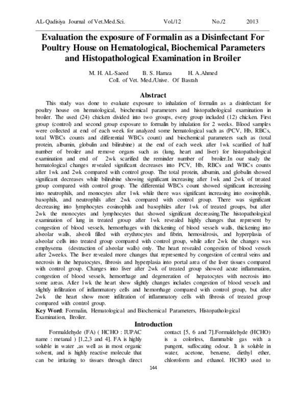(PDF) Evaluation the exposure of Formalin as a Disinfectant For Poultry ...