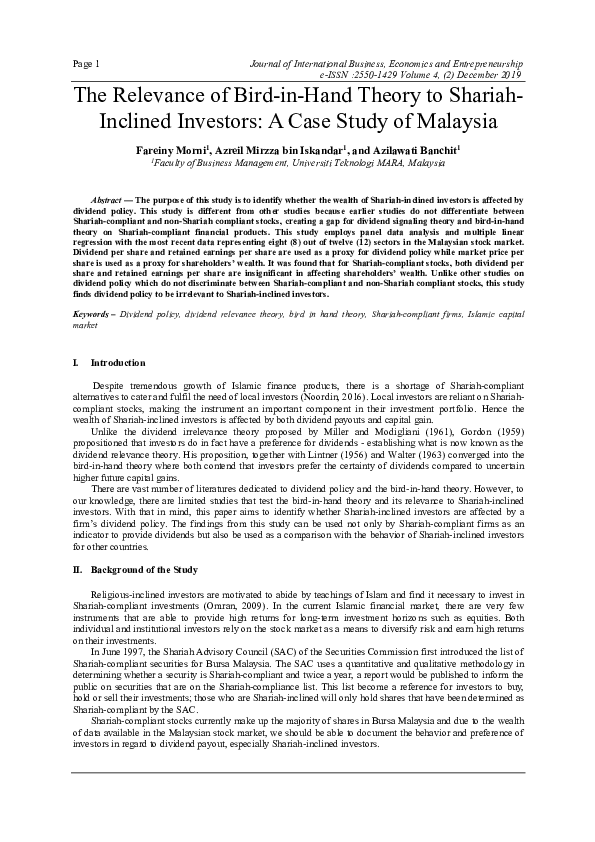(PDF) The Relevance of Bird-in-Hand Theory to Shariah- Inclined ...