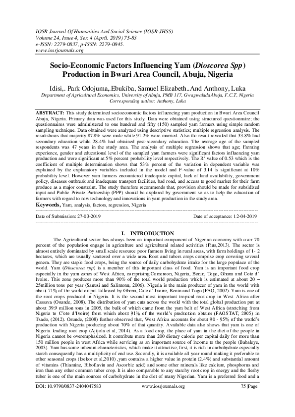(PDF) Socio-Economic Factors Influencing Yam (Dioscorea Spp) Production in Bwari Area Council ...