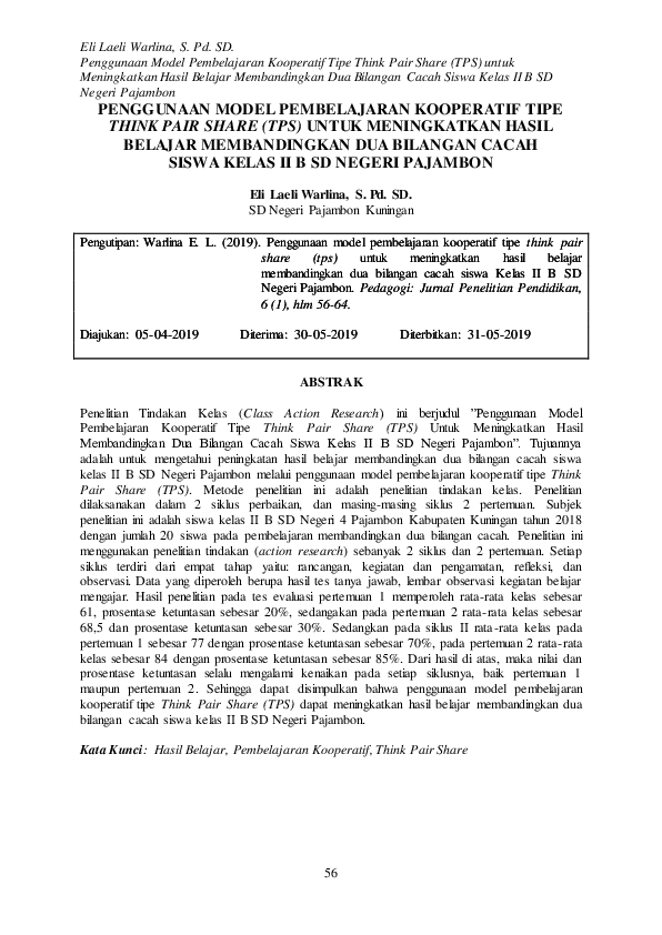 (PDF) PENGGUNAAN MODEL PEMBELAJARAN KOOPERATIF TIPE THINK PAIR SHARE (TPS) UNTUK MENINGKATKAN ...