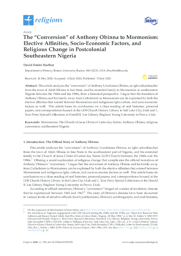 (PDF) "The 'Conversion' of Anthony Obinna to Mormonism: Elective ...