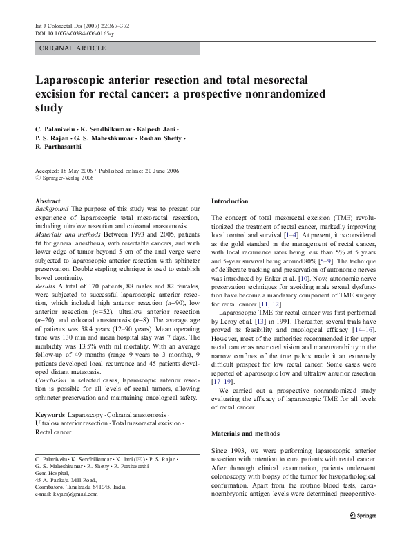 (PDF) Laparoscopic anterior resection and total mesorectal excision for ...