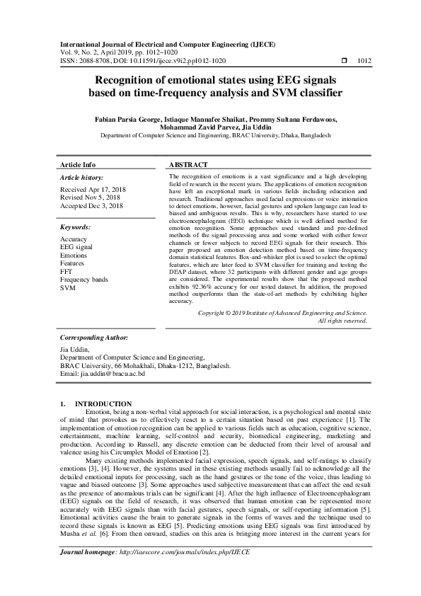 Pdf Recognition Of Emotional States Using Eeg Signals Based On Time Frequency Analysis And Svm