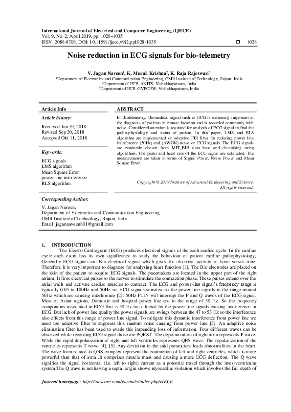 Pdf Noise Reduction In Ecg Signals For Bio Telemetry