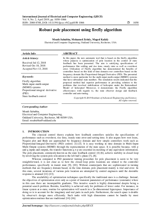 (PDF) Robust pole placement using firefly algorithm (PDF) Robust pole placement using firefly algorithm