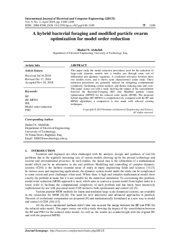 Pdf A Hybrid Bacterial Foraging And Modified Particle Swarm