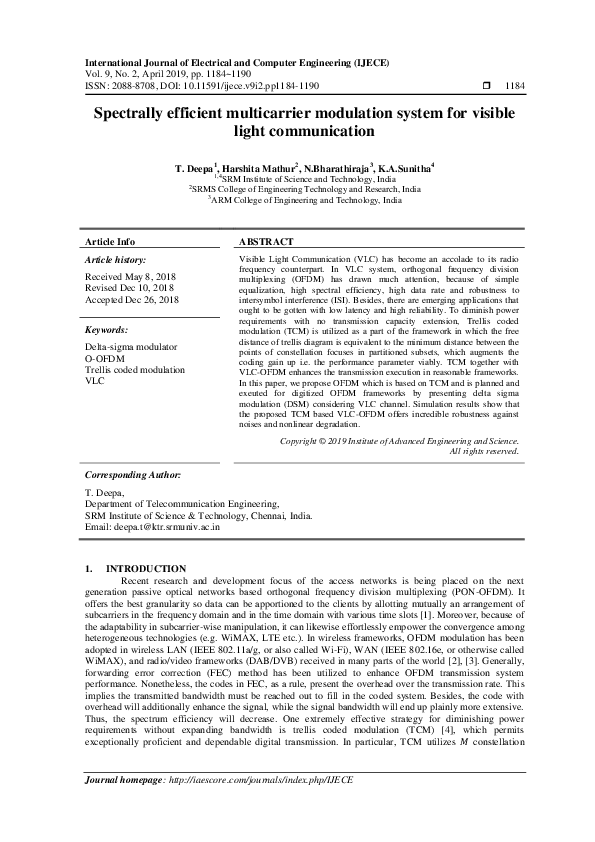 Pdf Spectrally Efficient Multicarrier Modulation System For Visible