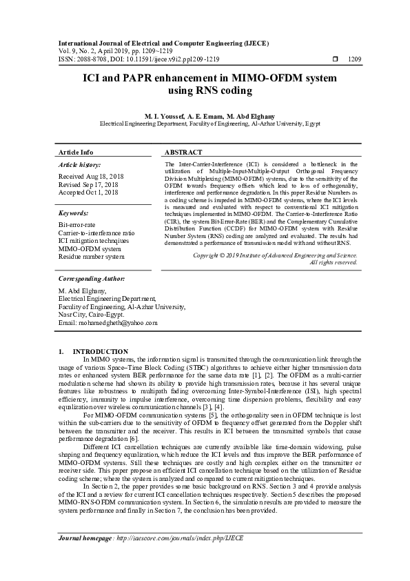 Pdf Ici And Papr Enhancement In Mimo Ofdm System Using Rns Coding