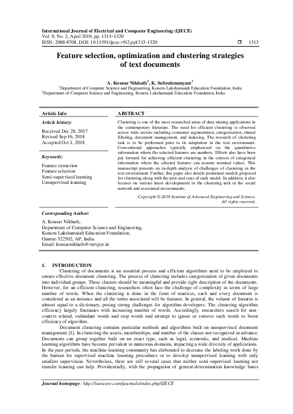 Pdf Feature Selection Optimization And Clustering Strategies Of Text