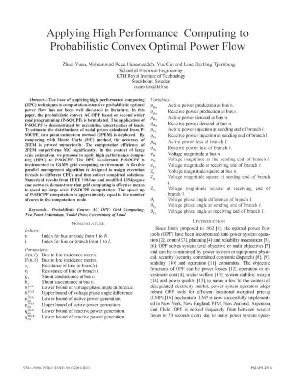 (PDF) Applying High Performance Computing to Probabilistic Convex Optimal Power Flow