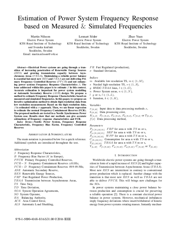 (PDF) Estimation of Power System Frequency Response based on Measured ...