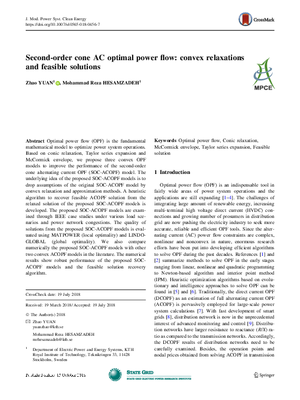 Pdf Second Order Cone Ac Optimal Power Flow Convex Relaxations And Feasible Solutions