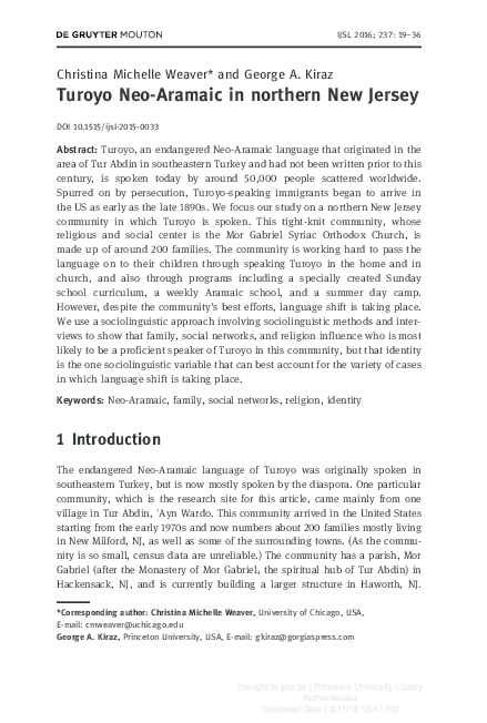 (PDF) Turoyo Neo-Aramaic in northern New Jersey | George A. Kiraz ...