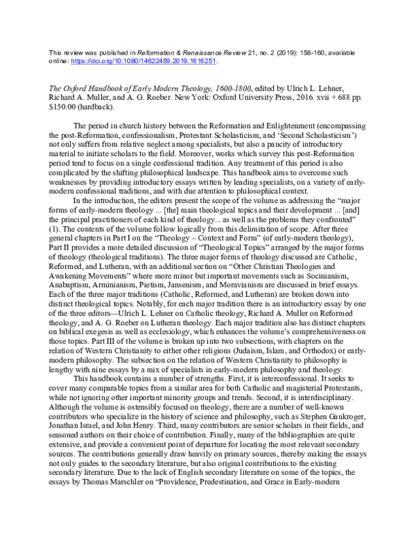 (PDF) Review: The Oxford Handbook of Early Modern Theology, 1600-1800 ...