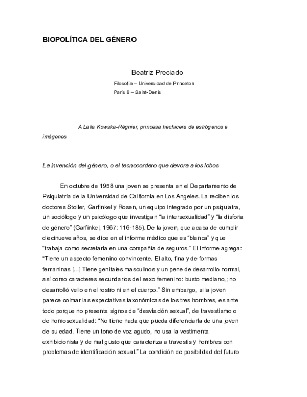 (PDF) BIOPOLÍTICA DEL GÉNERO - PAUL BEATRIZ PRECIADO