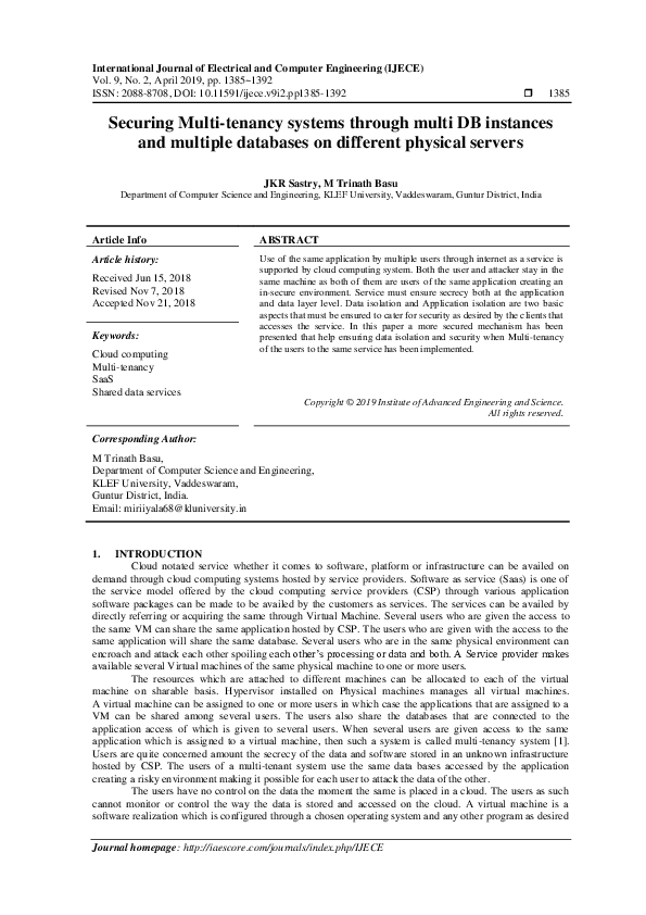 Pdf Securing Multi Tenancy Systems Through Multi Db Instances And Multiple Databases On