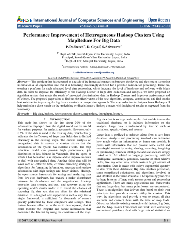 Pdf Performance Improvement Of Heterogeneous Hadoop Clusters Using Mapreduce For Big Data