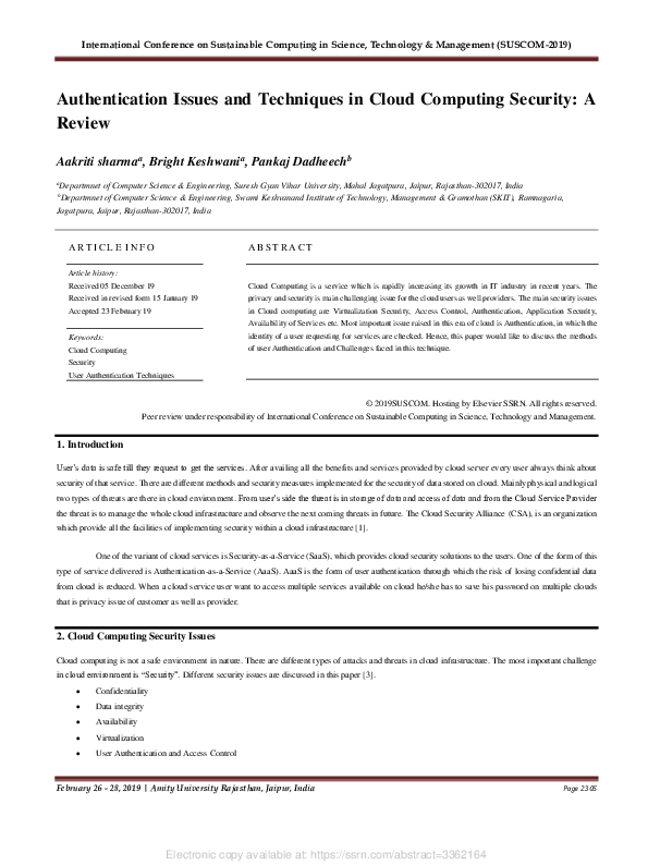Pdf Authentication Issues And Techniques In Cloud Computing Security