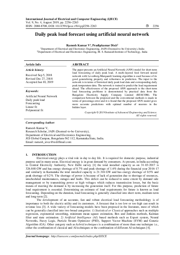 (PDF) Daily peak load forecast using artificial neural network