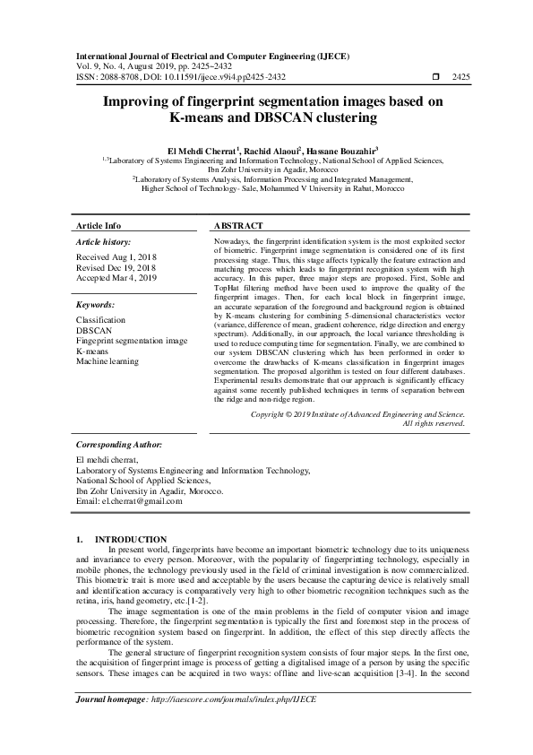 Pdf Improving Of Fingerprint Segmentation Images Based On K Means And Dbscan Clustering