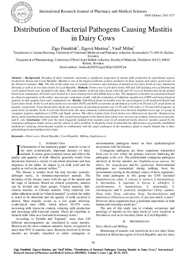 (PDF) Distribution of Bacterial Pathogens Causing Mastitis in Dairy Cows