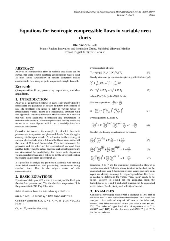 (PDF) Equations for isentropic compressible flows in variable area ducts
