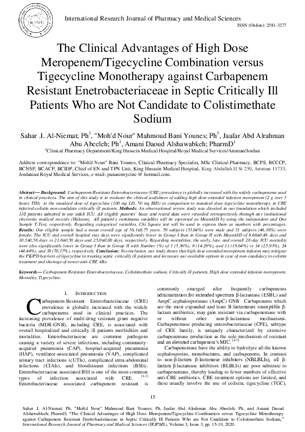 (PDF) The Clinical Advantages of High Dose Meropenem/Tigecycline Combination versus Tigecycline ...