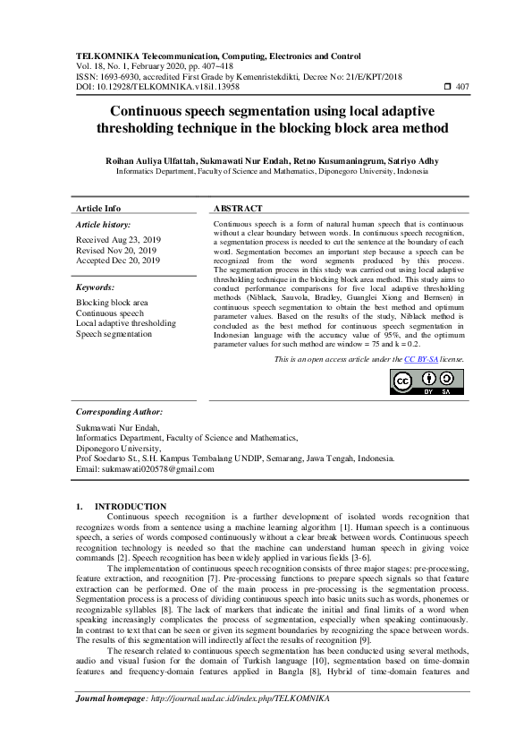 Pdf Continuous Speech Segmentation Using Local Adaptive Thresholding