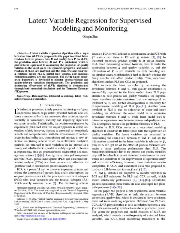 Pdf Latent Variable Regression For Supervised Modeling And Monitoring