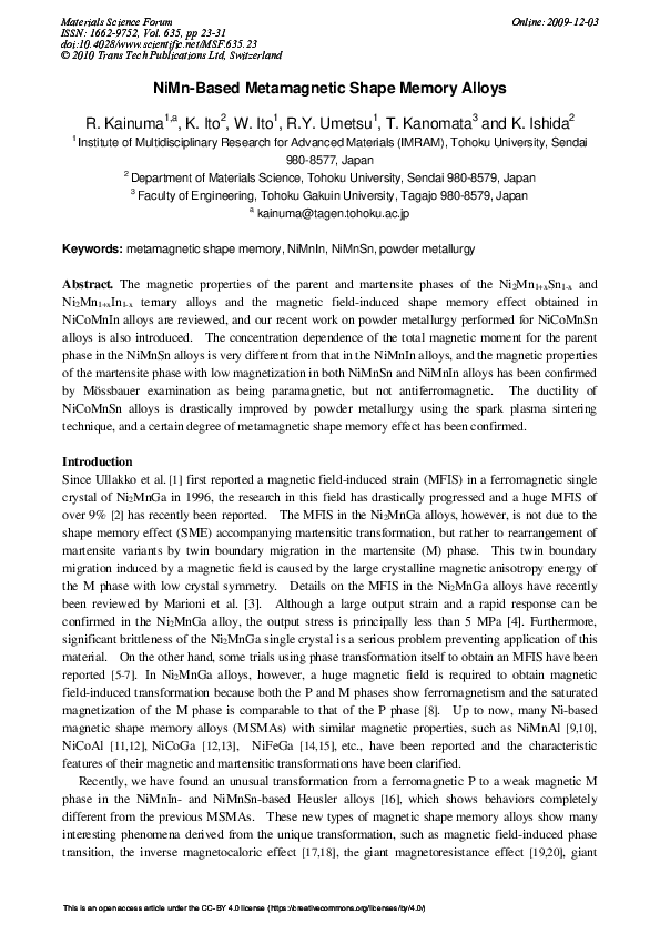 (PDF) NiMn-based metamagnetic shape memory alloys