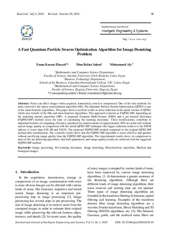 Pdf A Fast Quantum Particle Swarm Optimization Algorithm For Image Denoising Problem