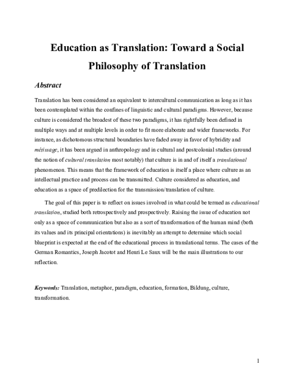 (PDF) Education as Translation: Toward a Social Philosophy of ...